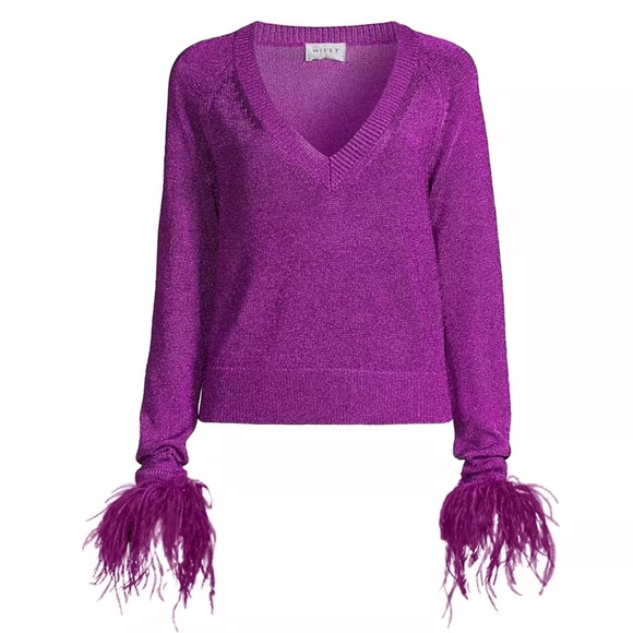 Milly | Tops | Milly Feather Trimmed Metallic Knit Pullover Sweater ...